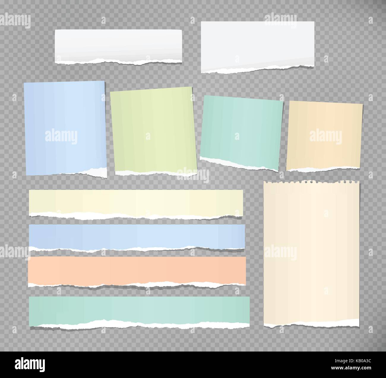 Ripped white and colorful note, notebook, copybook paper strips on gray ...