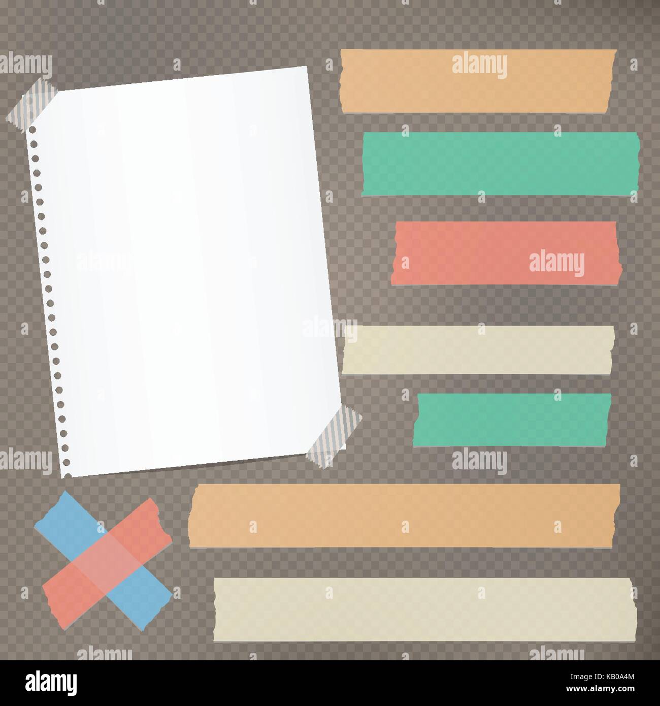 Ripped white and colorful note, notebook adhesive paper strips on gray ...