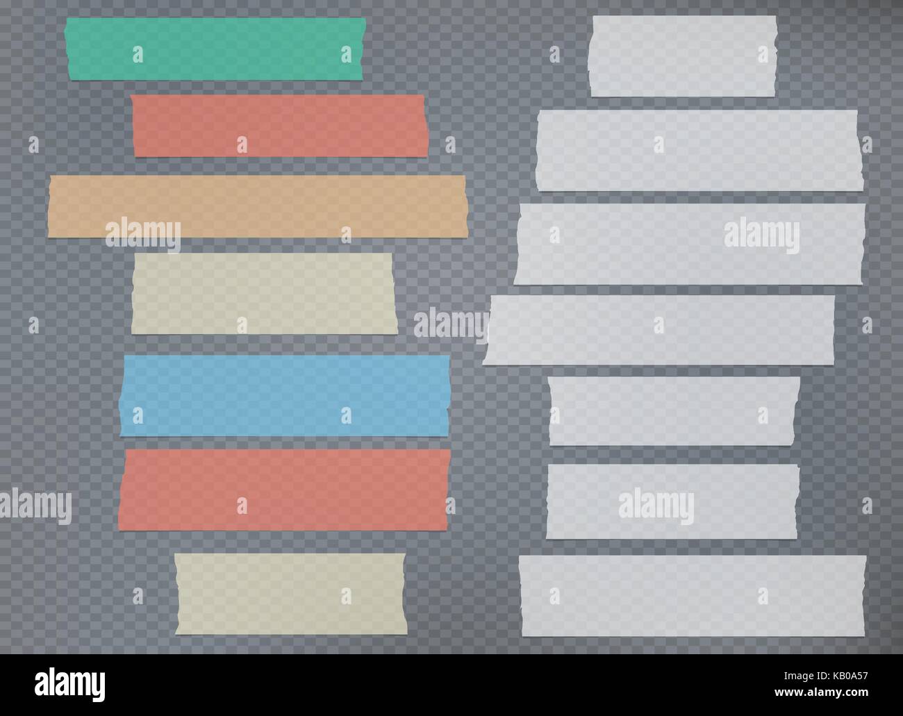 Ripped white and colorful note, adhesive, masking tape, paper strips on ...