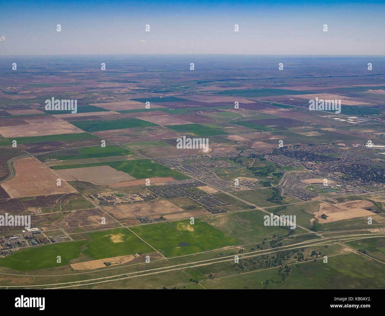 Aerial view of Aurora, view from window seat in an airplane, Colorado ...