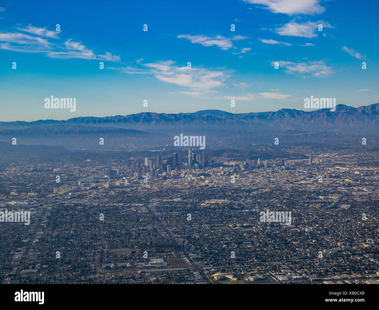 Aerial view of downtown, view from window seat in an airplane ...