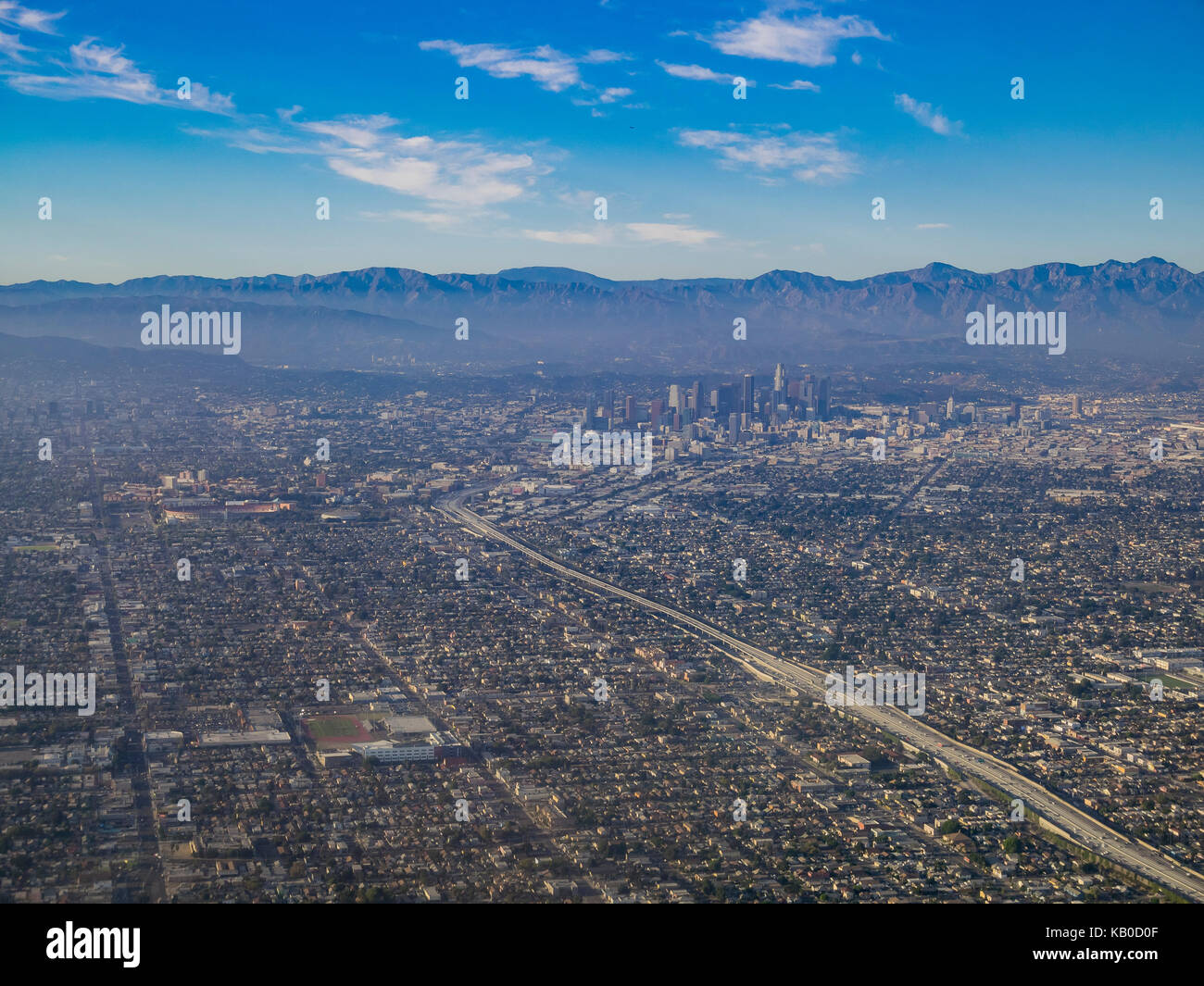 Aerial view of downtown, view from window seat in an airplane ...