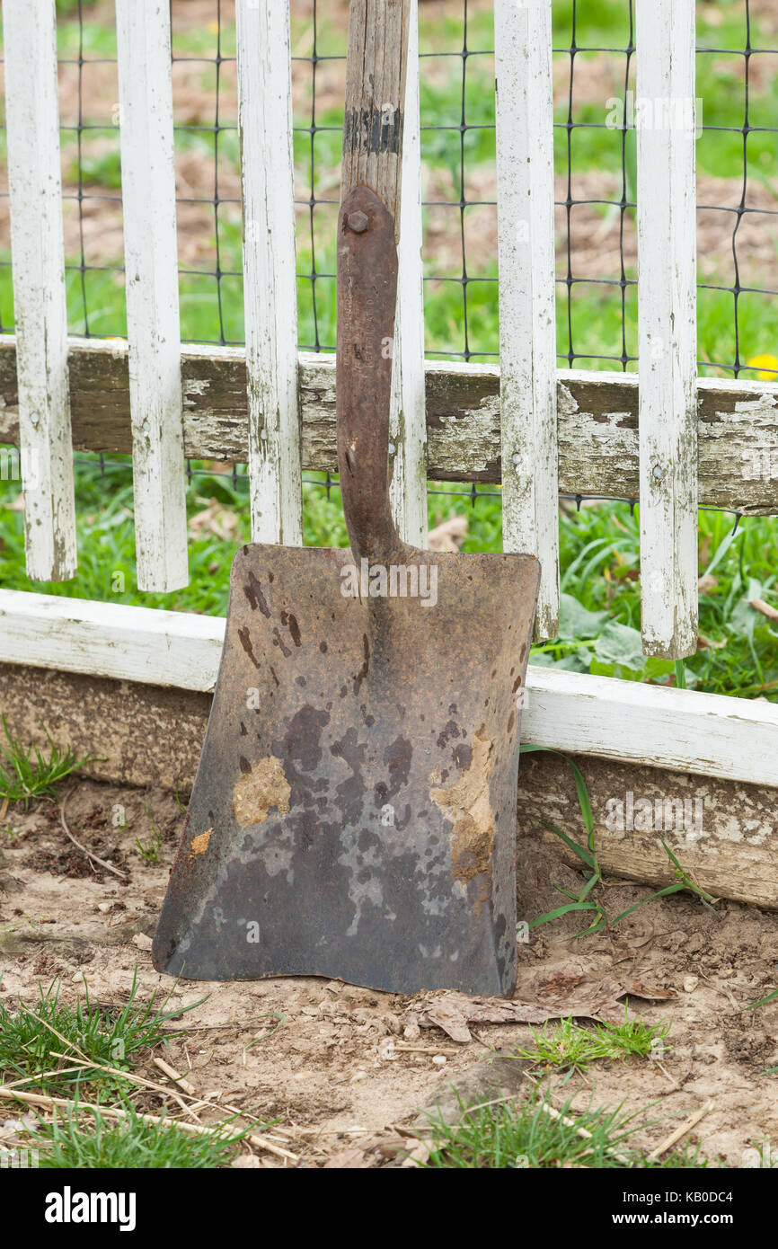 A dirty shovel leans up against a white picket fence on a farm Stock ...