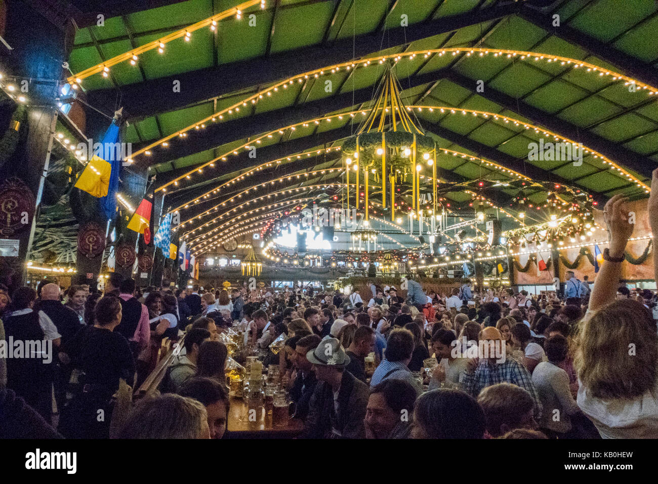 Inside beer tent at Munich Germany Oktoberfest Stock Photo - Alamy