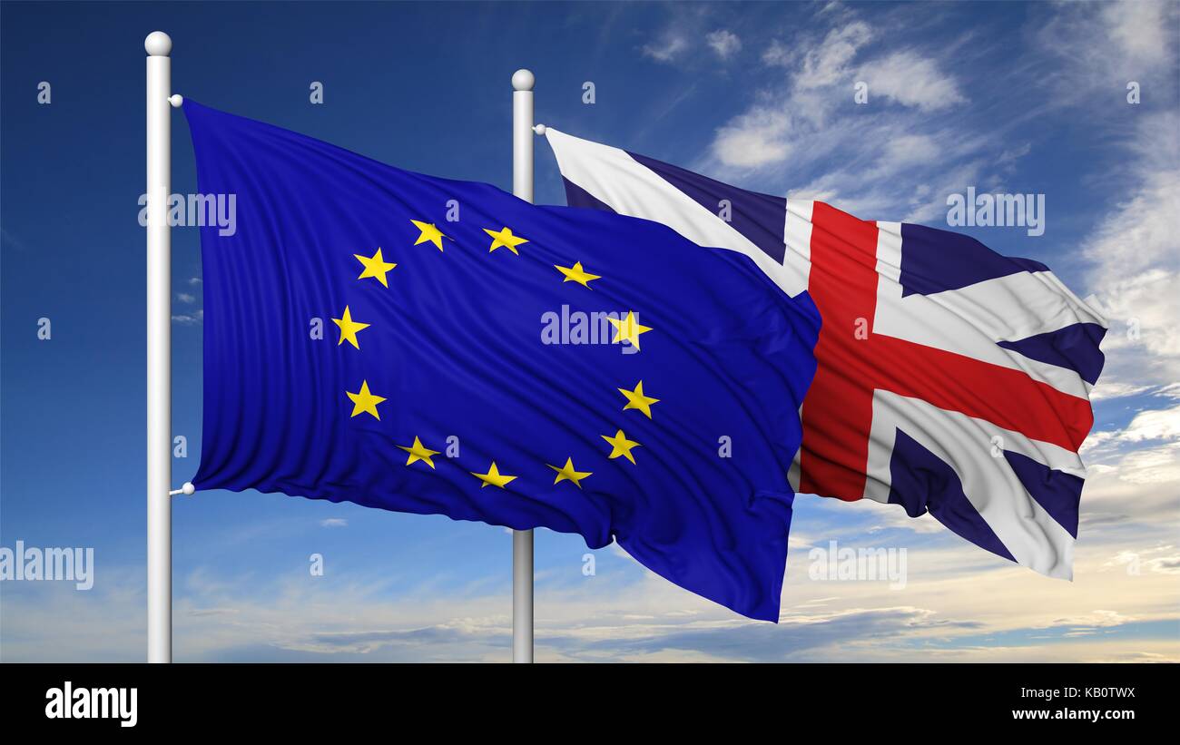 Waving flags of EU and UK on flagpole, on blue sky background Stock ...