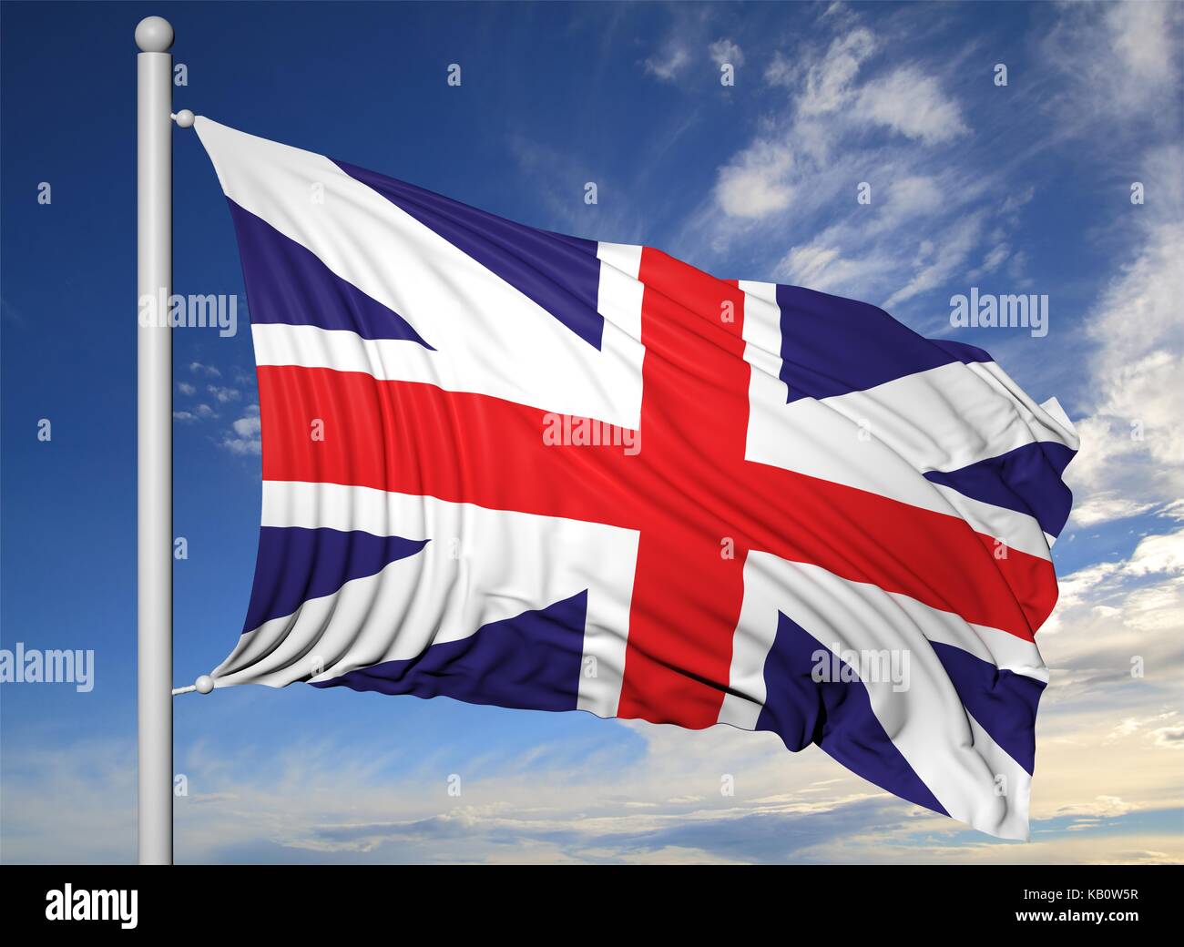 Waving flag of UK on flagpole, on blue sky background Stock Photo - Alamy