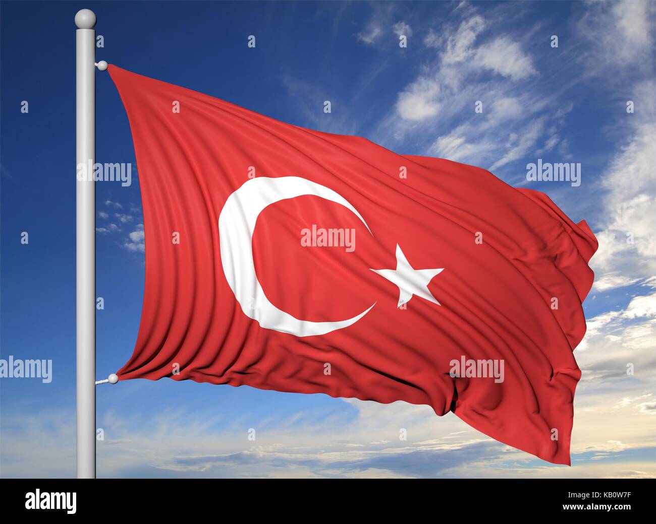 Waving flag of Turkey on flagpole, on blue sky background Stock Photo ...