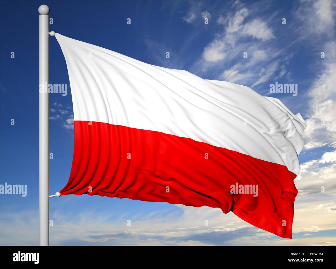 Waving flag of Poland on flagpole, on blue sky background Stock Photo ...
