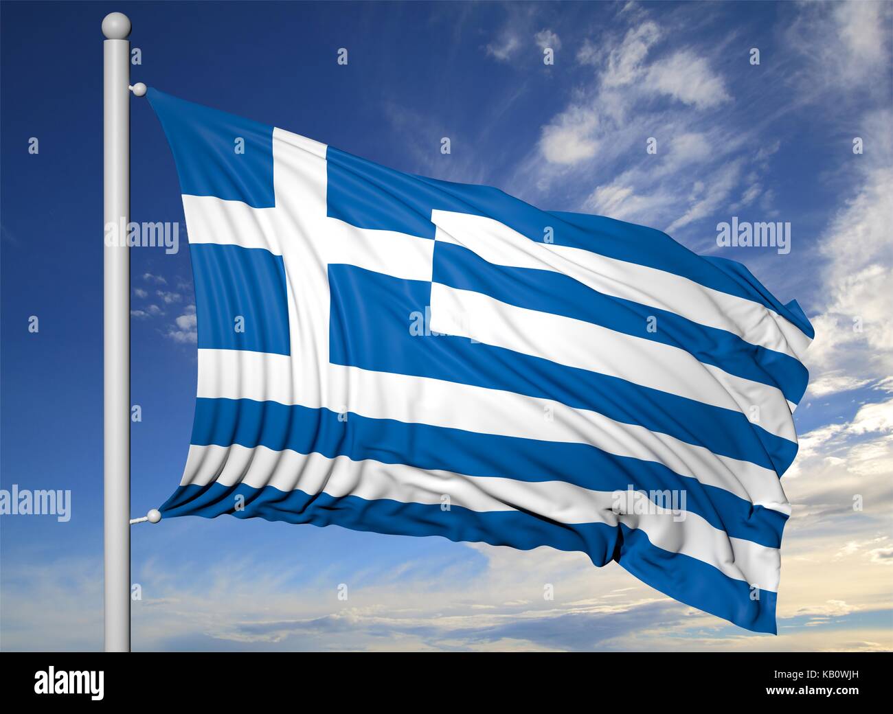 Waving flag of Greece on flagpole, on blue sky background Stock Photo ...