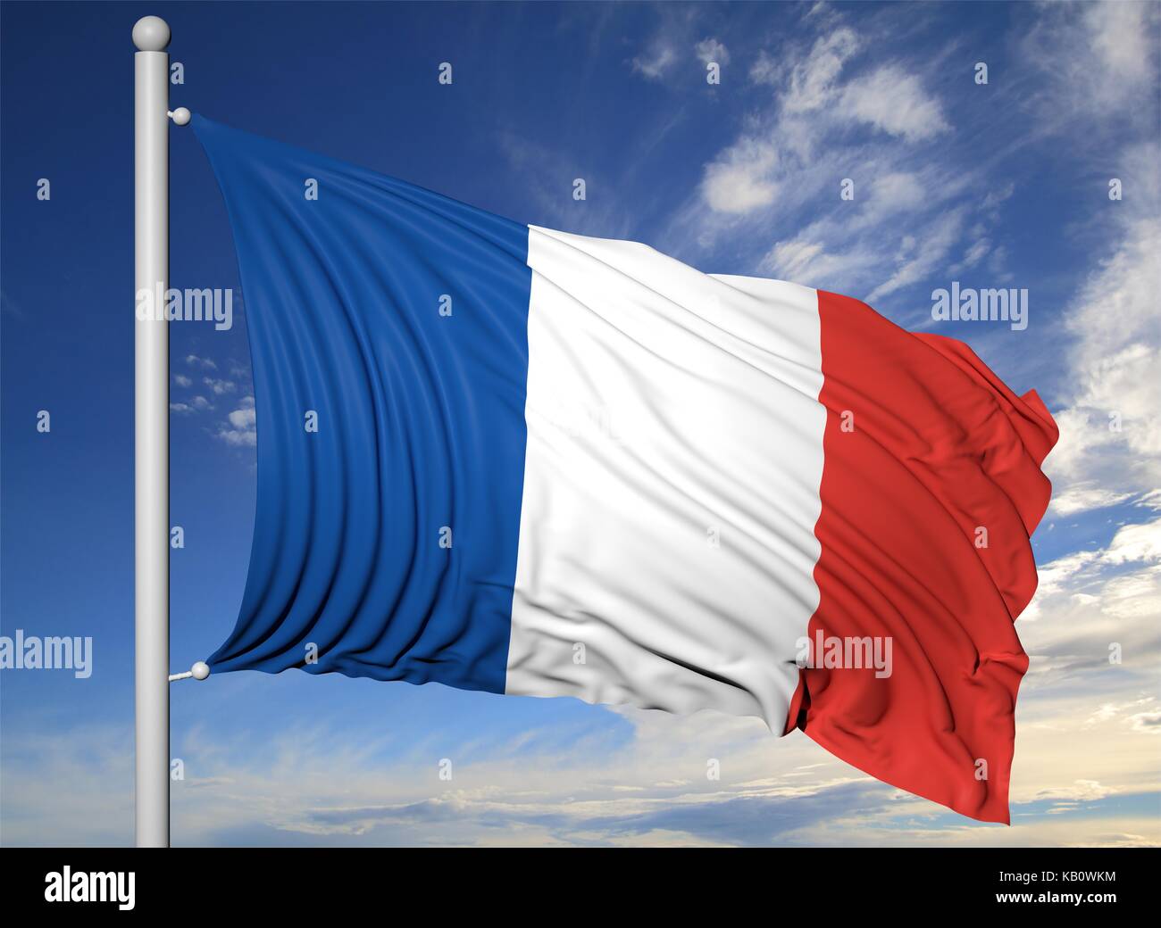 Waving flag of France on flagpole, on blue sky background Stock Photo ...