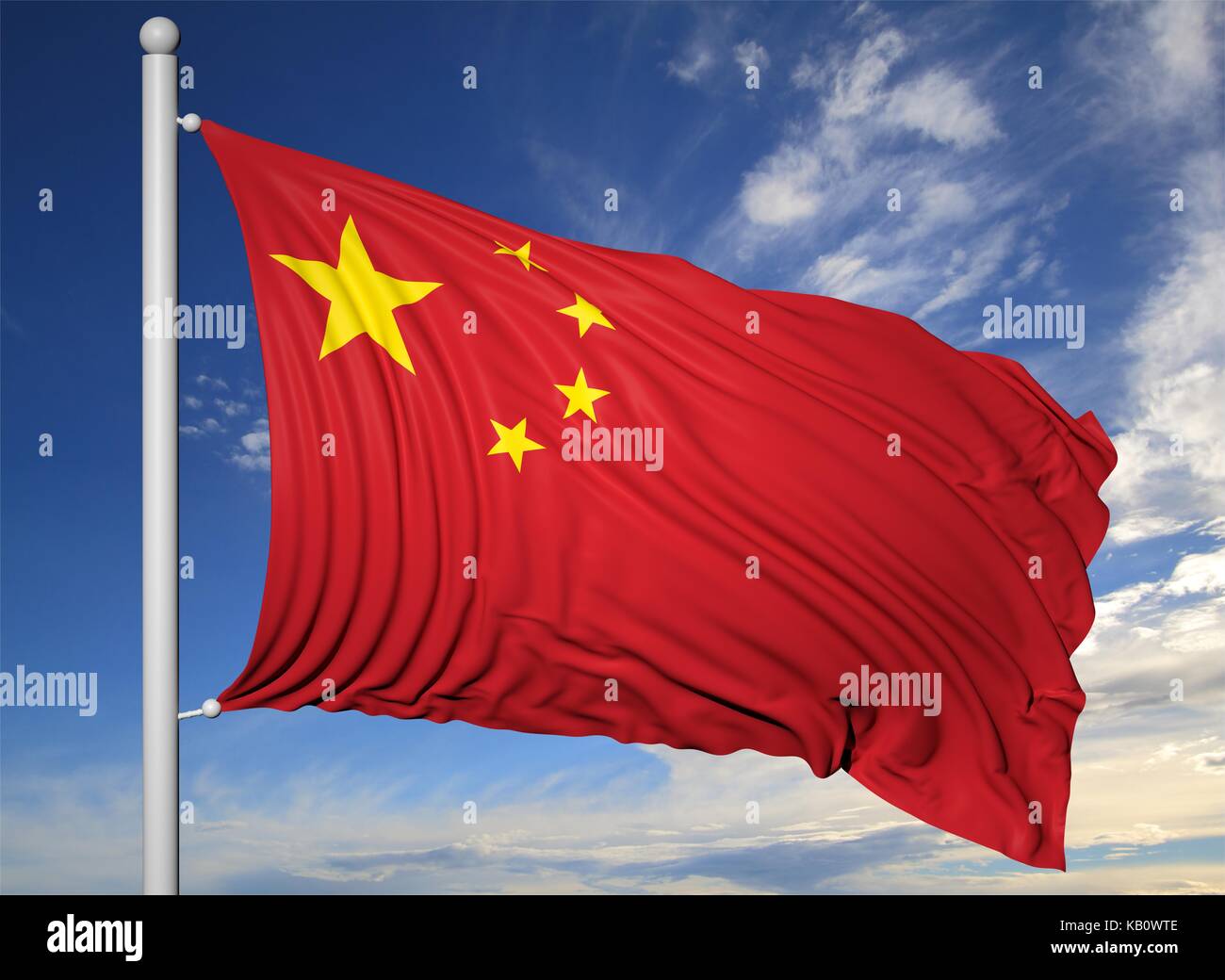 Waving flag of China on flagpole, on blue sky background Stock Photo ...