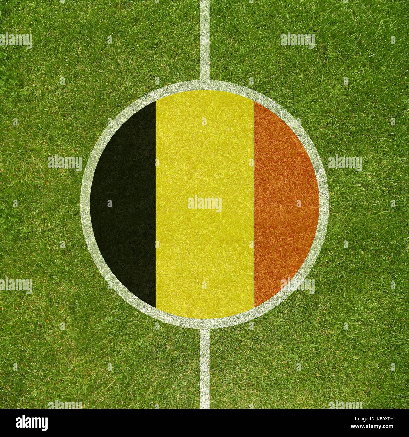 Football field center closeup with Belgian flag in circle Stock Photo ...