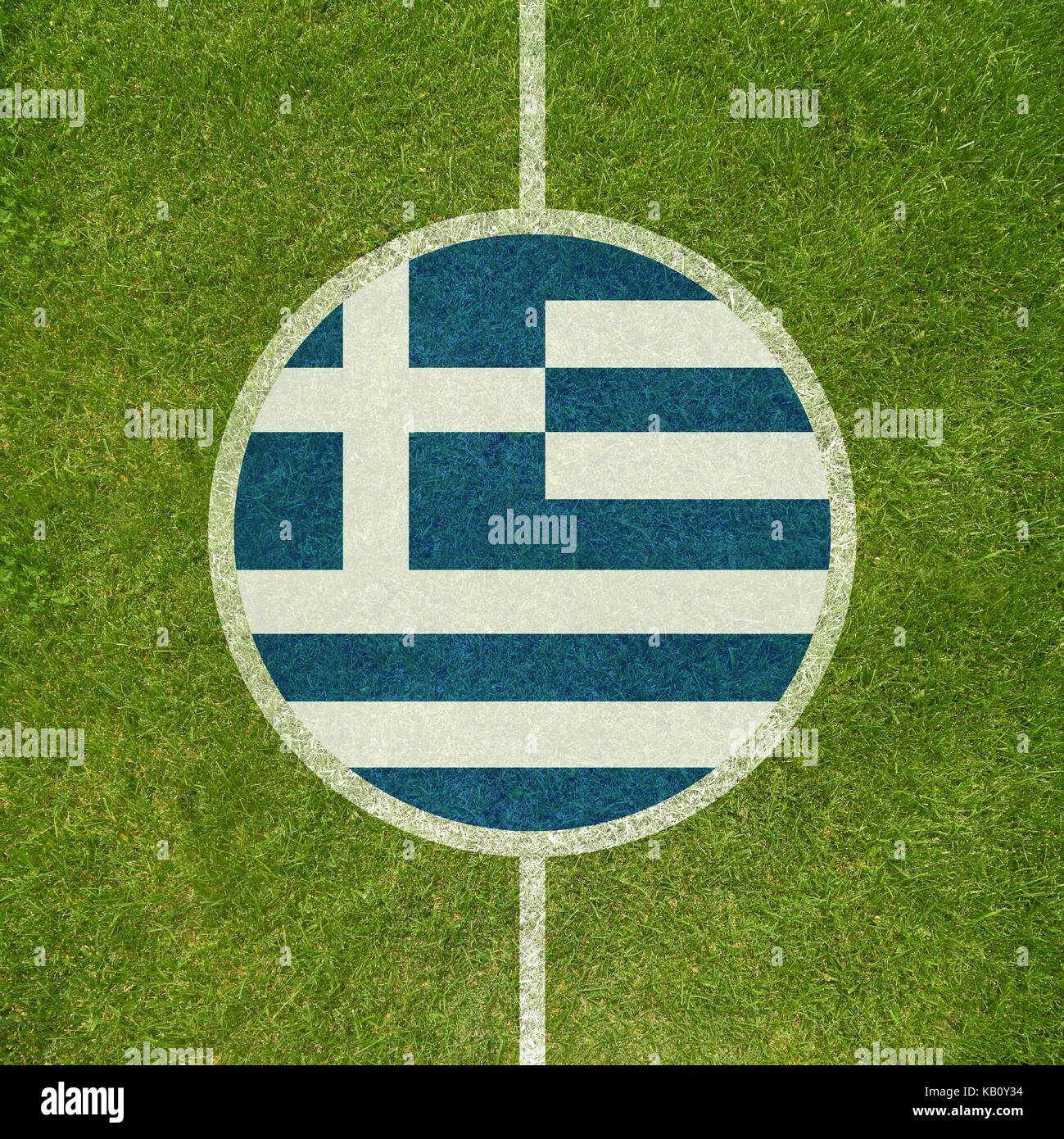Football field center closeup with Greek flag in circle Stock Photo - Alamy