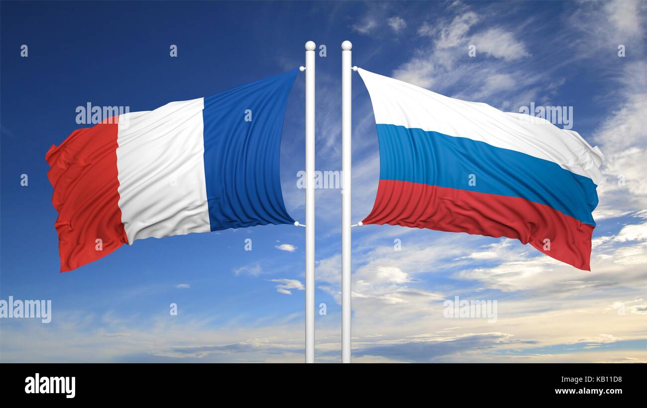 French and Russian flags waving against of blue sky Stock Photo - Alamy
