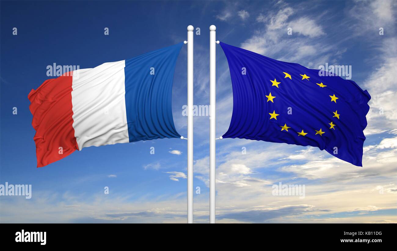 French and EU flags waving against of blue sky Stock Photo - Alamy