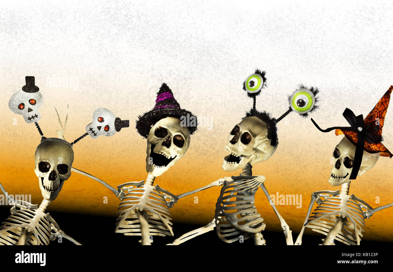 Halloween party skeletons dancing in silly costumes. 3d illustration ...