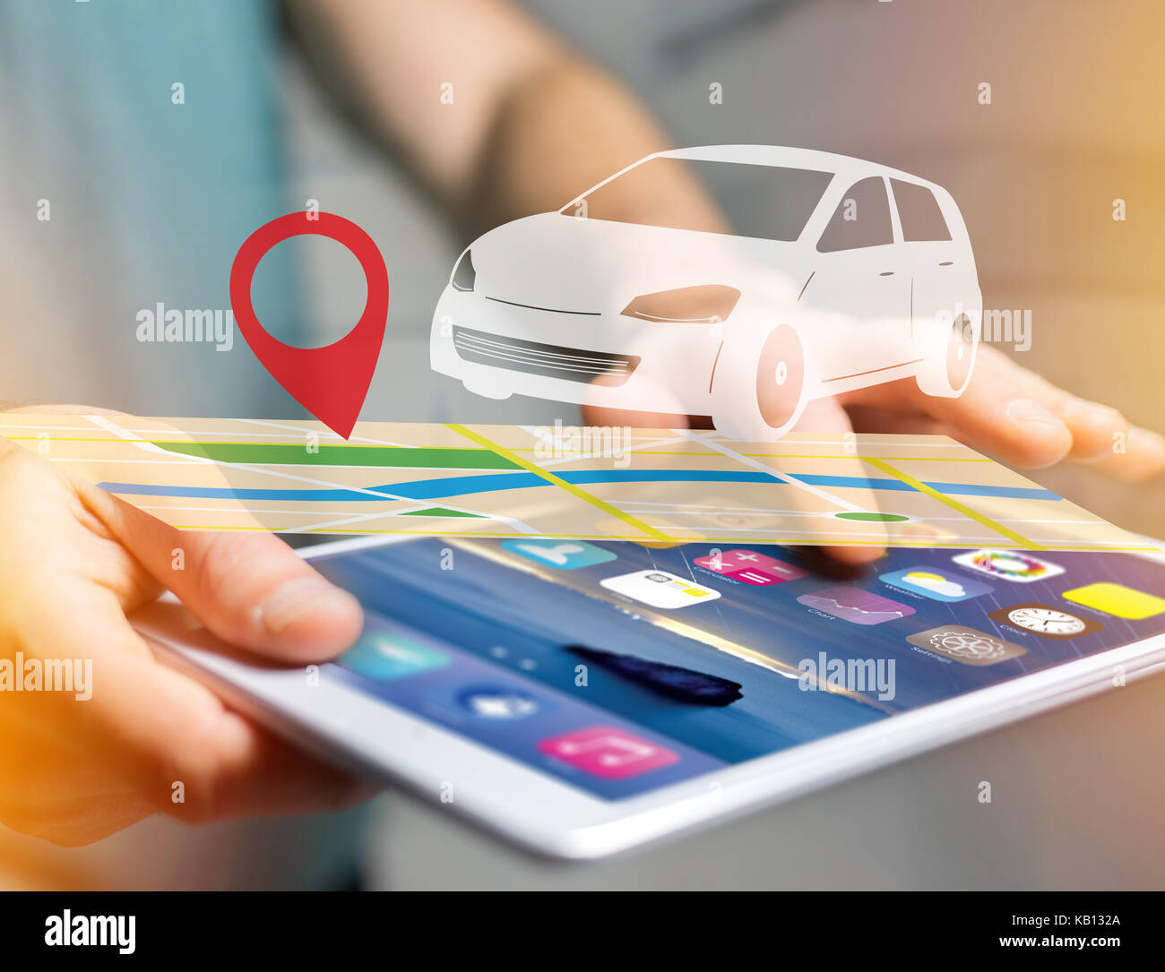 View of a Car on a map with a pin holder - GPS and localization concept ...