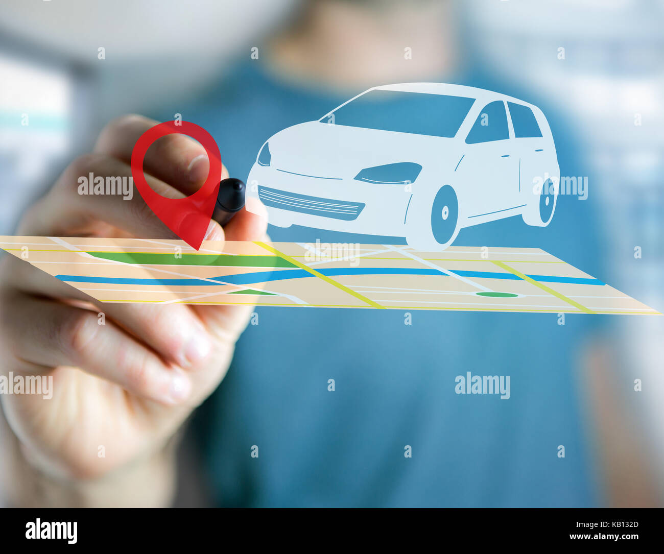 View of a Car on a map with a pin holder - GPS and localization concept ...
