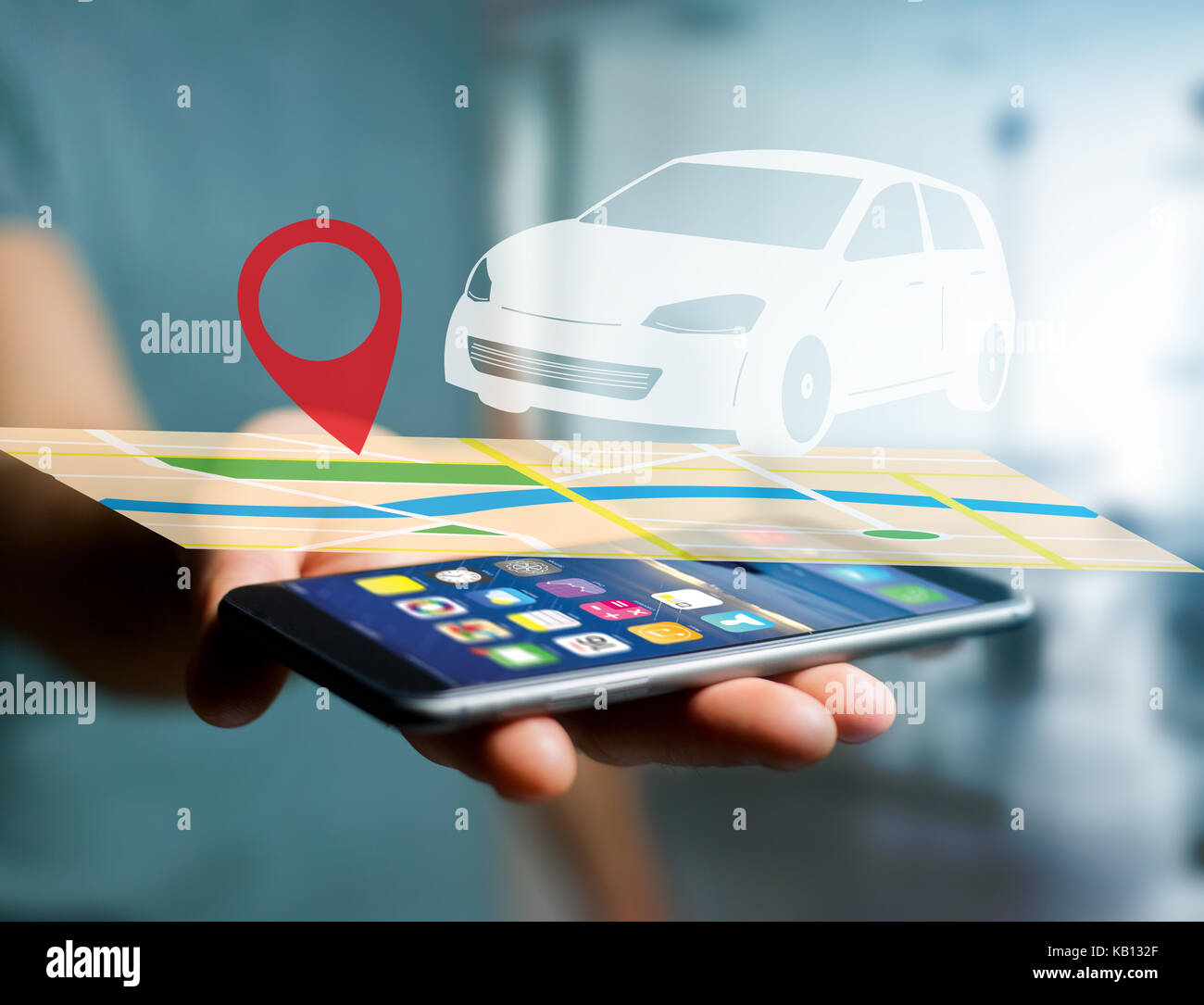 View of a Car on a map with a pin holder - GPS and localization concept ...
