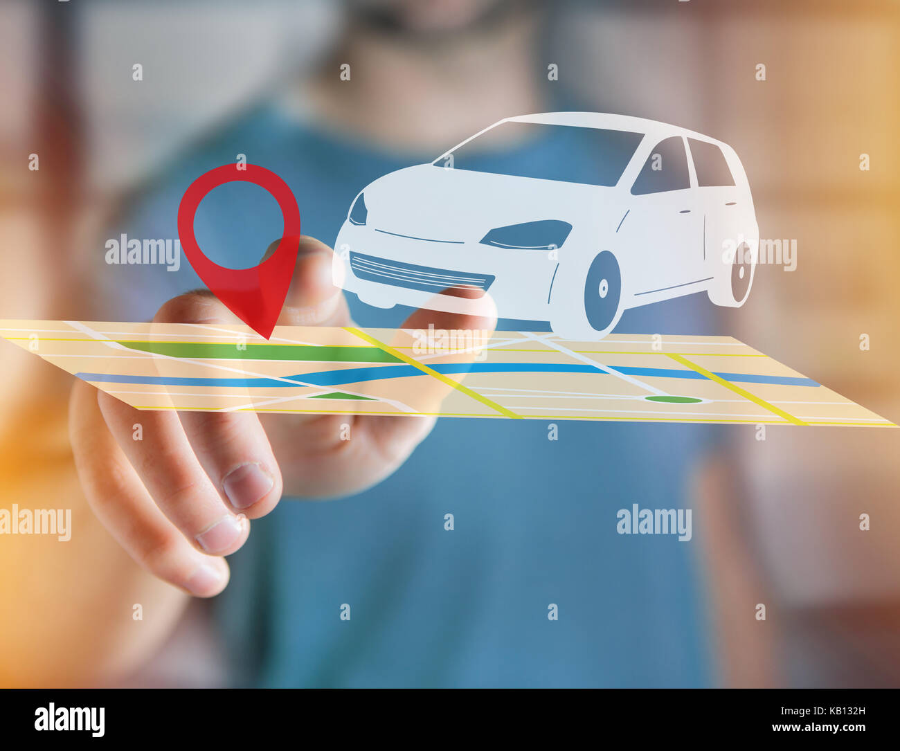 View of a Car on a map with a pin holder - GPS and localization concept ...