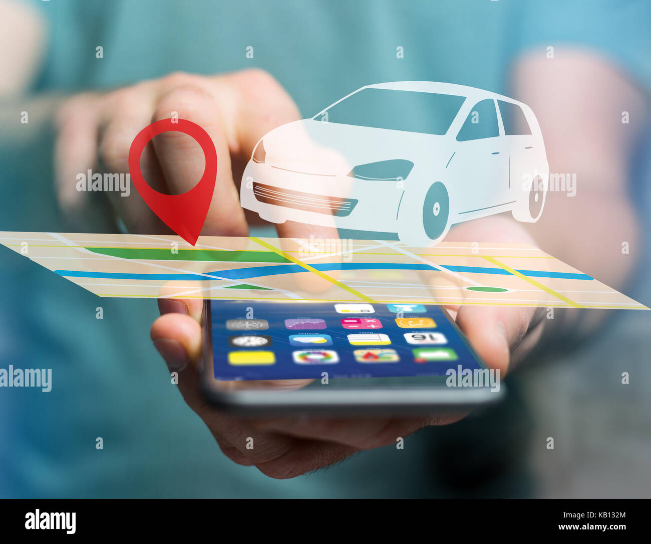 View of a Car on a map with a pin holder - GPS and localization concept ...