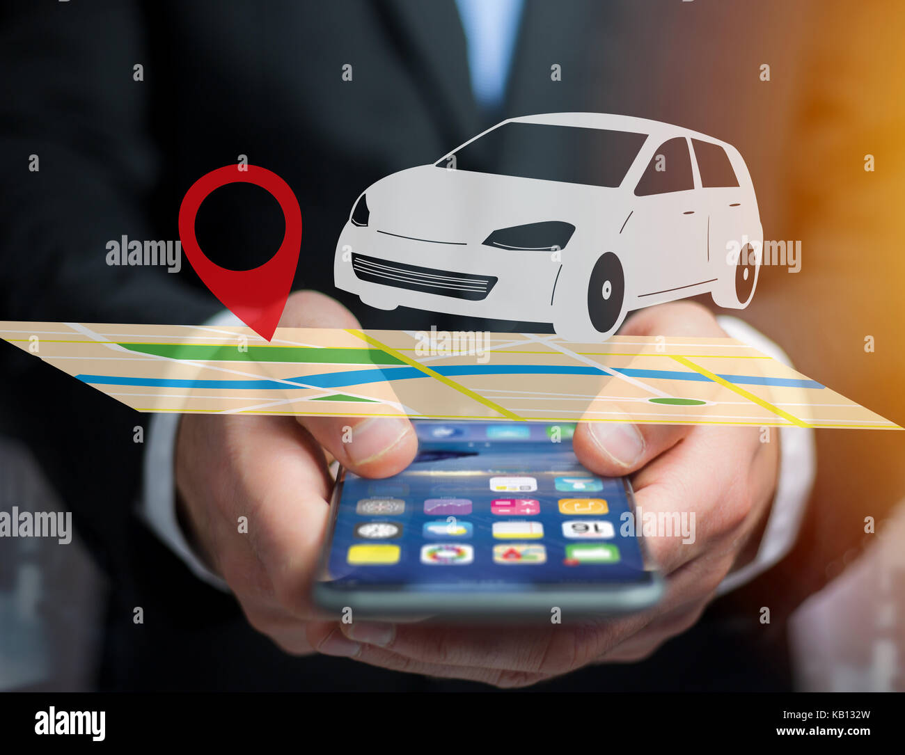 View of a Car on a map with a pin holder - GPS and localization concept ...