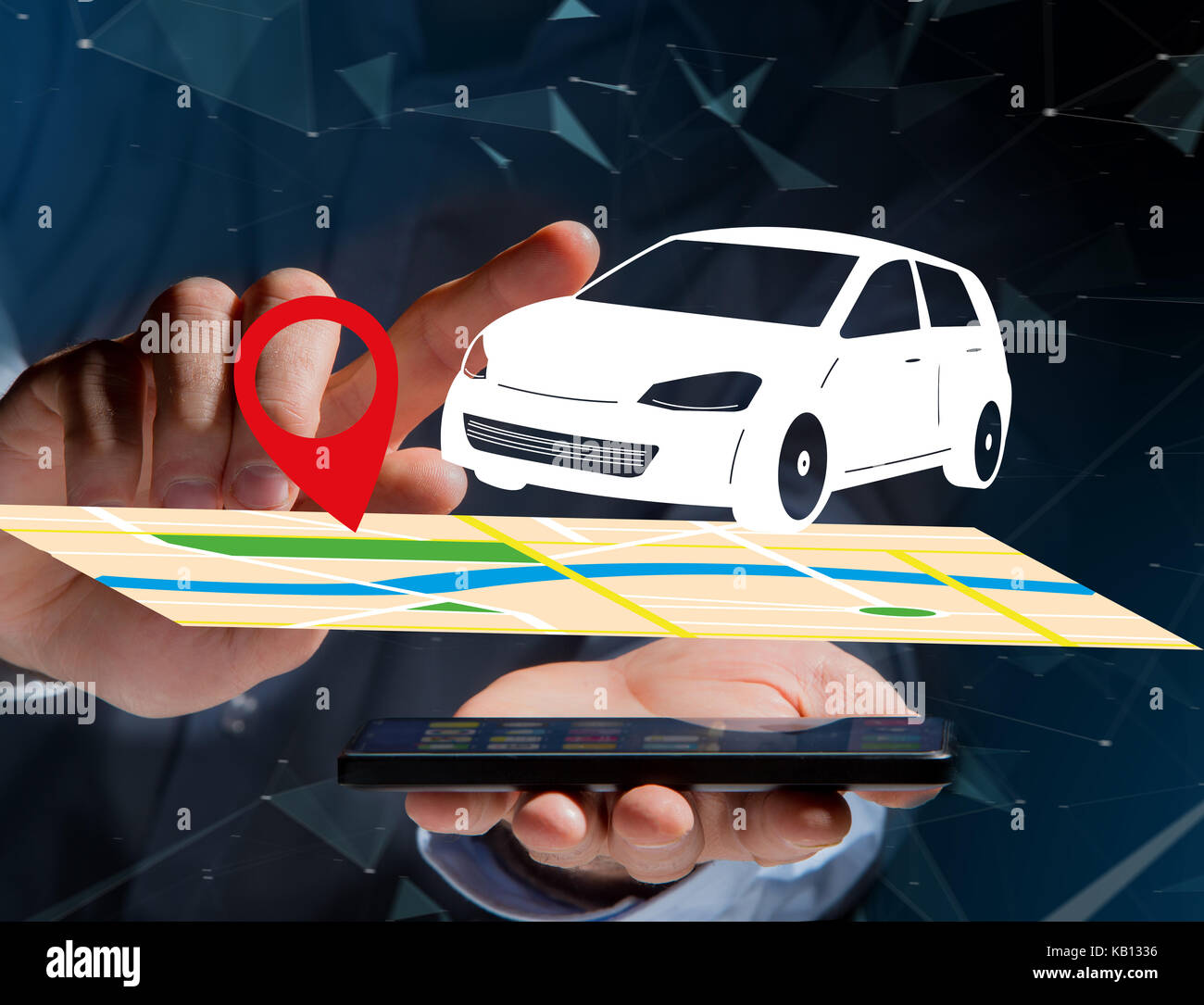 View of a Car on a map with a pin holder - GPS and localization concept ...