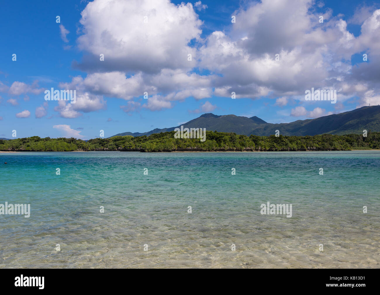 Tropical lagoon with clear blue water surrounded by lush greenery in ...