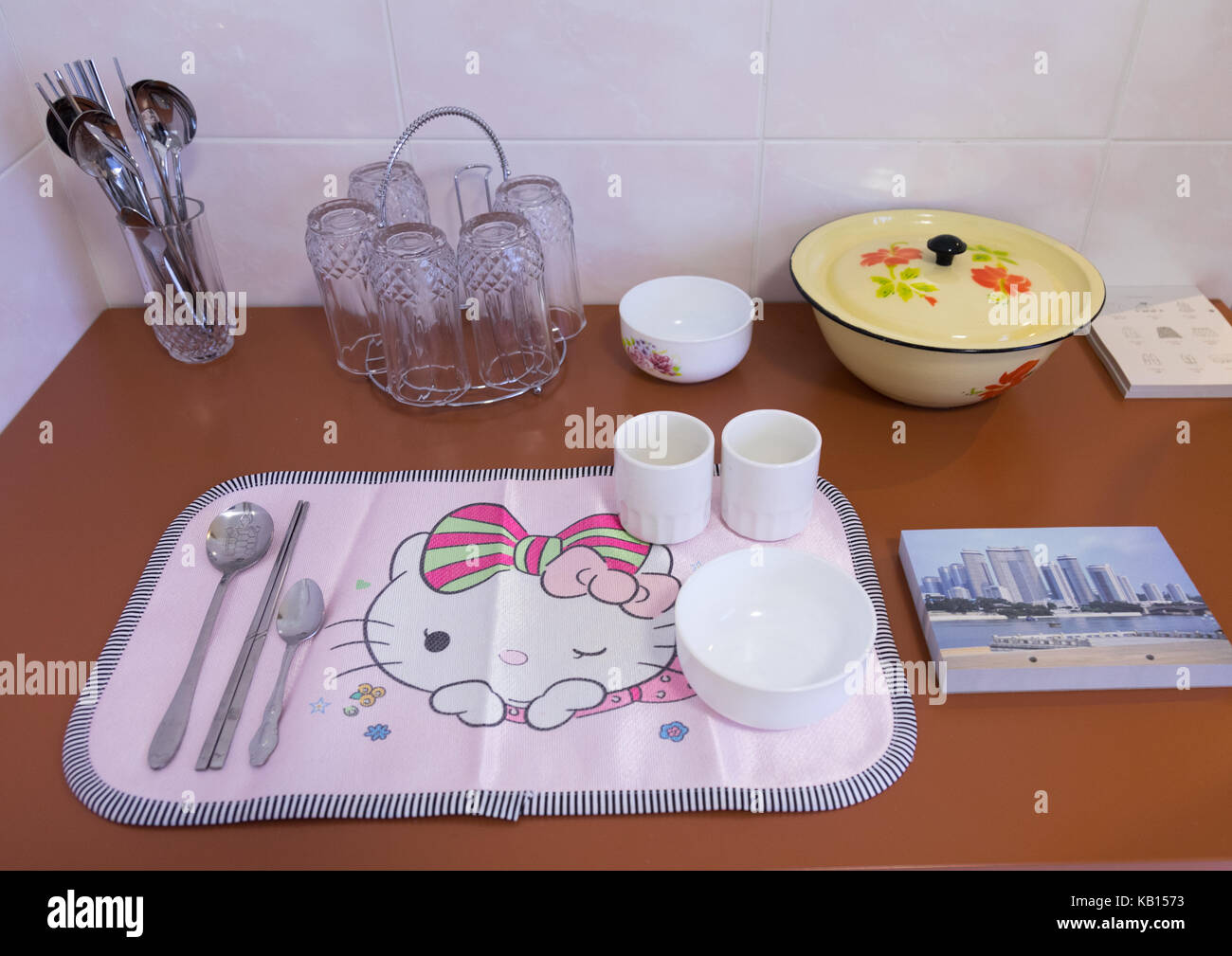 Hello kitty table set during the exhibition pyongyang sallim at ...