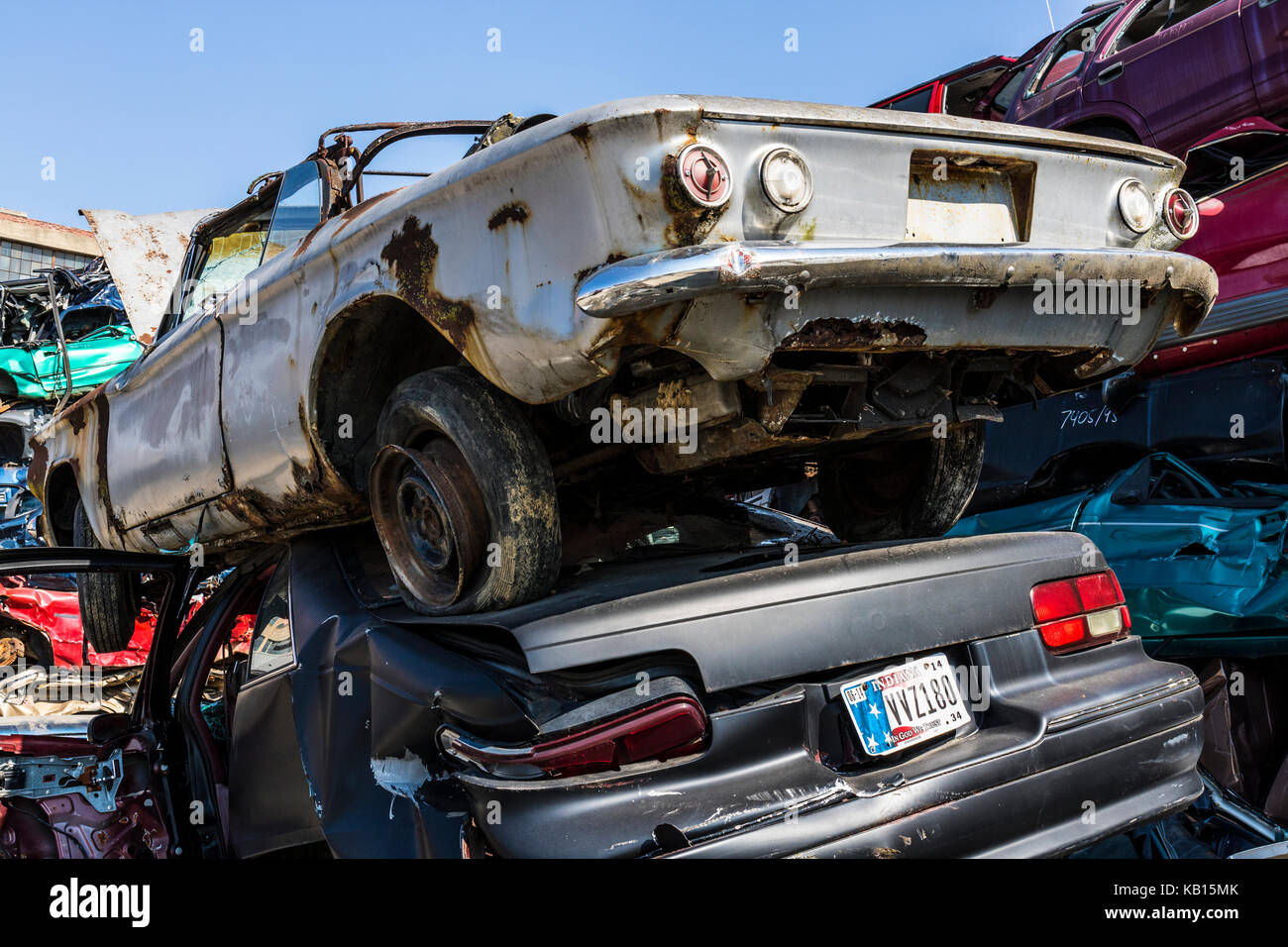 Indianapolis - Circa September 2017: Stacked junk yard Corvair and ...