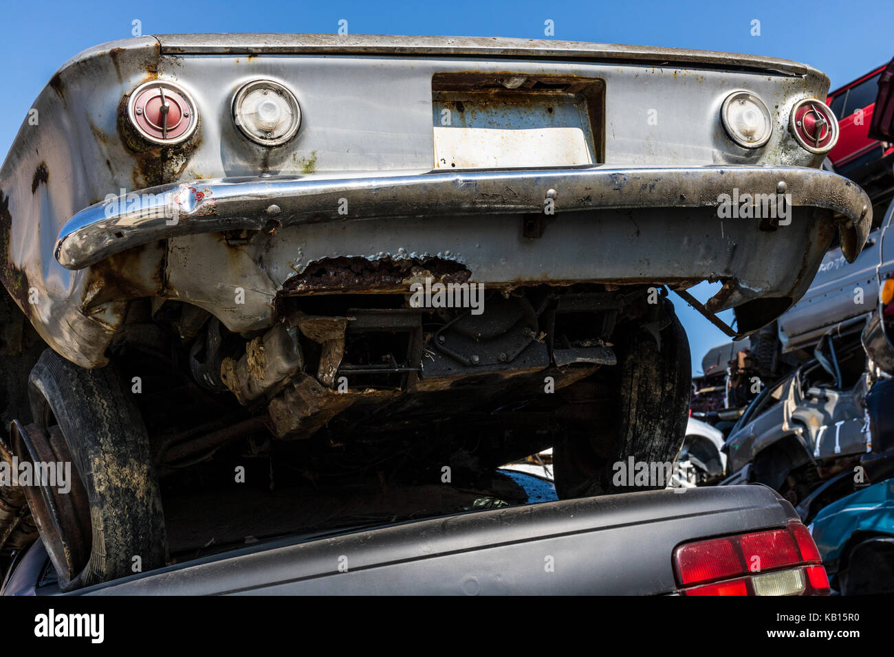 Indianapolis - Circa September 2017: Stacked junk yard Corvair prepared ...