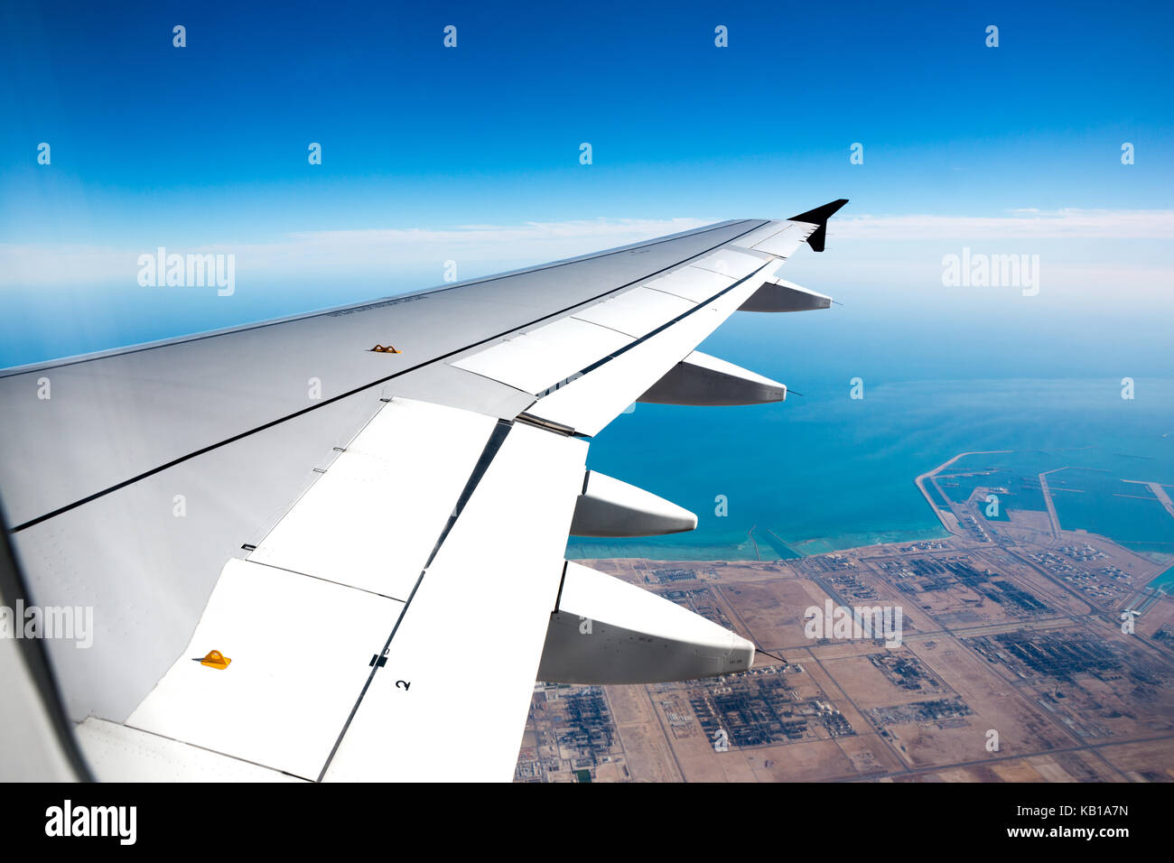 View from a jet plane window of airplane wing during landing Stock ...