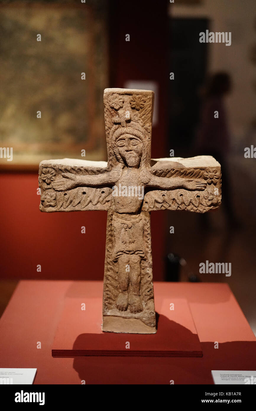 A detail view of a medieval cross in the Museo Civico in Bologna. From ...
