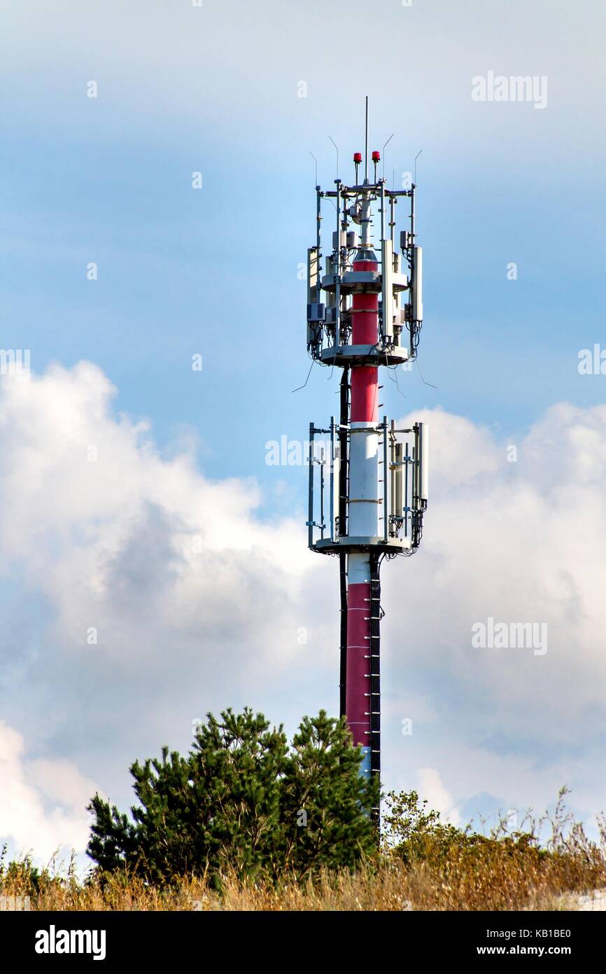 Telecommunication mast on the shore of the Baltic Sea. Modern ...