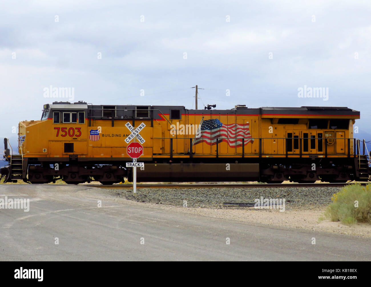 A yellow diesel train passing by a desert plain on a gray sky Stock ...