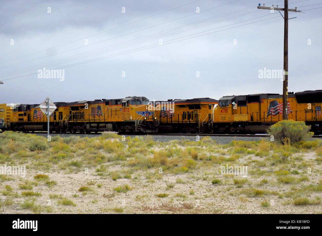 Two yellow cargo trains passing each other in the desert Stock Photo ...