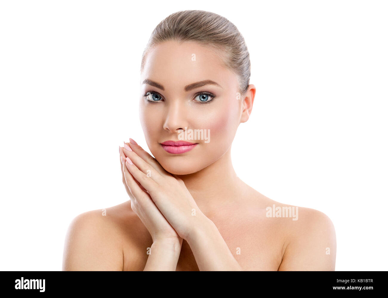 Pretty face of young beautiful woman with healthy skin - isolated on ...