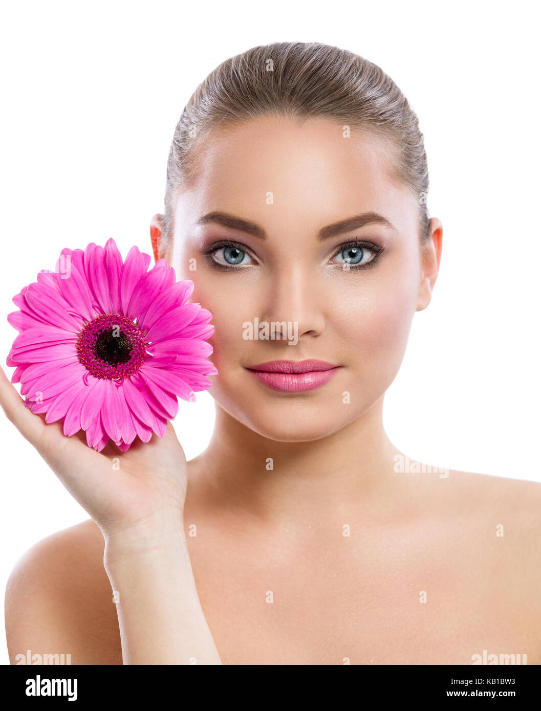 Beautiful woman with flower, profile portrait of girl on white ...