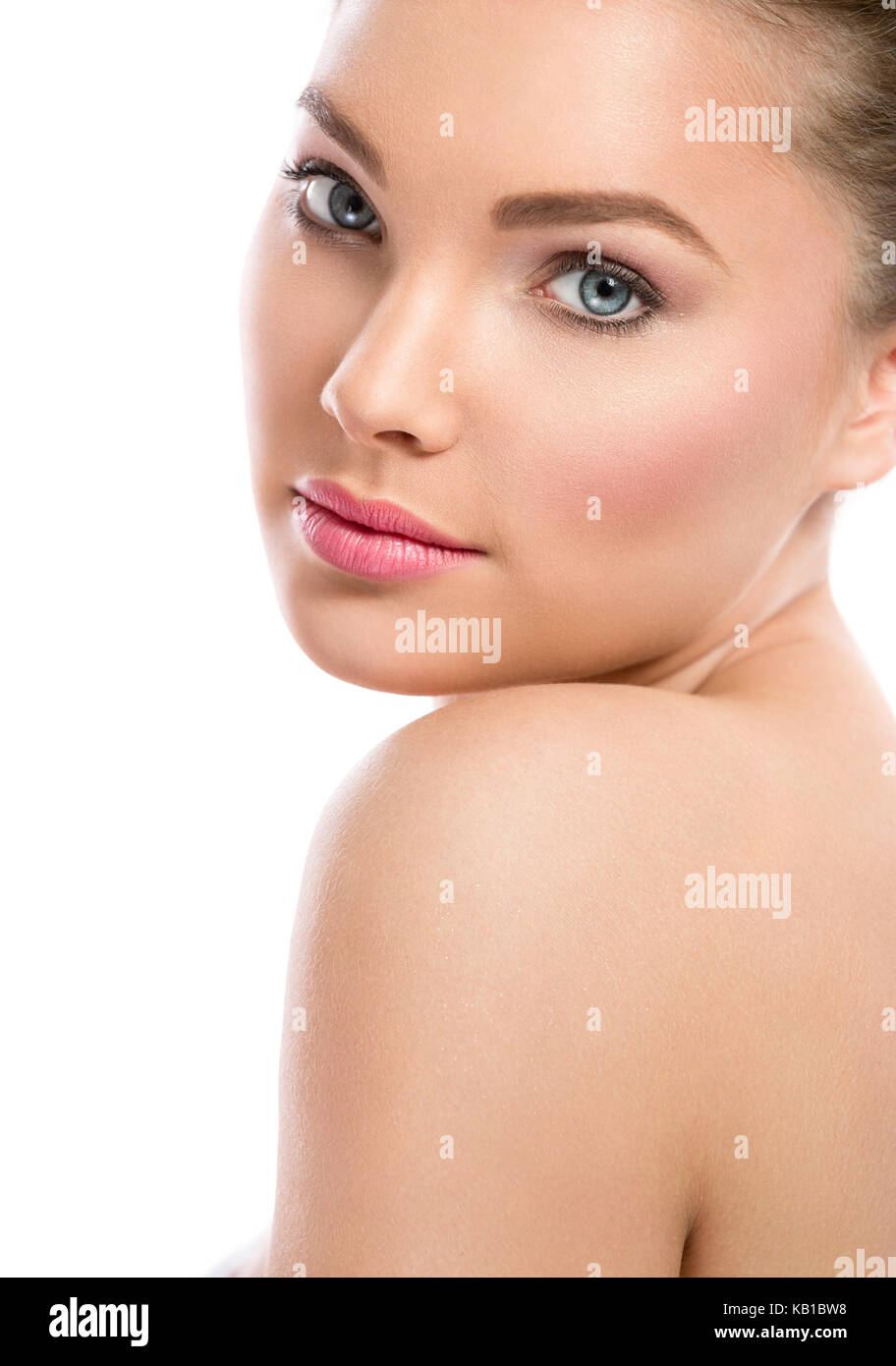 Face of beautiful girl with clean skin, isolated over white Stock Photo ...