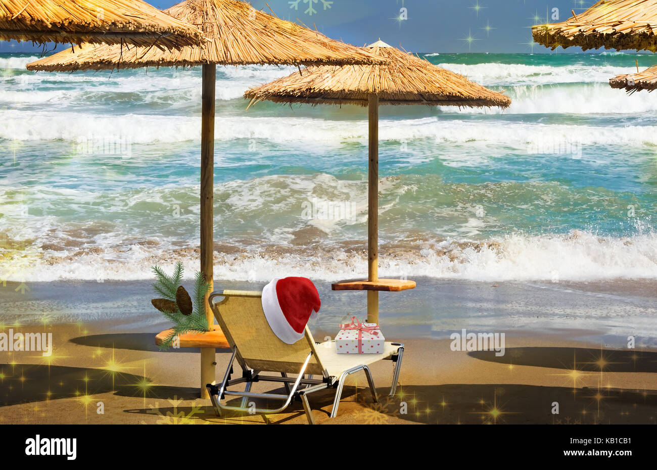 Christmas beach: on the beach on a sun lounger is a gift, next to the ...
