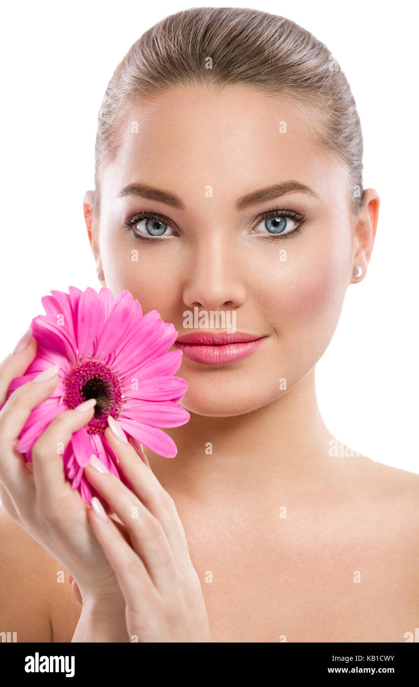 Young cute girl with flower, perfect fresh skin Stock Photo - Alamy