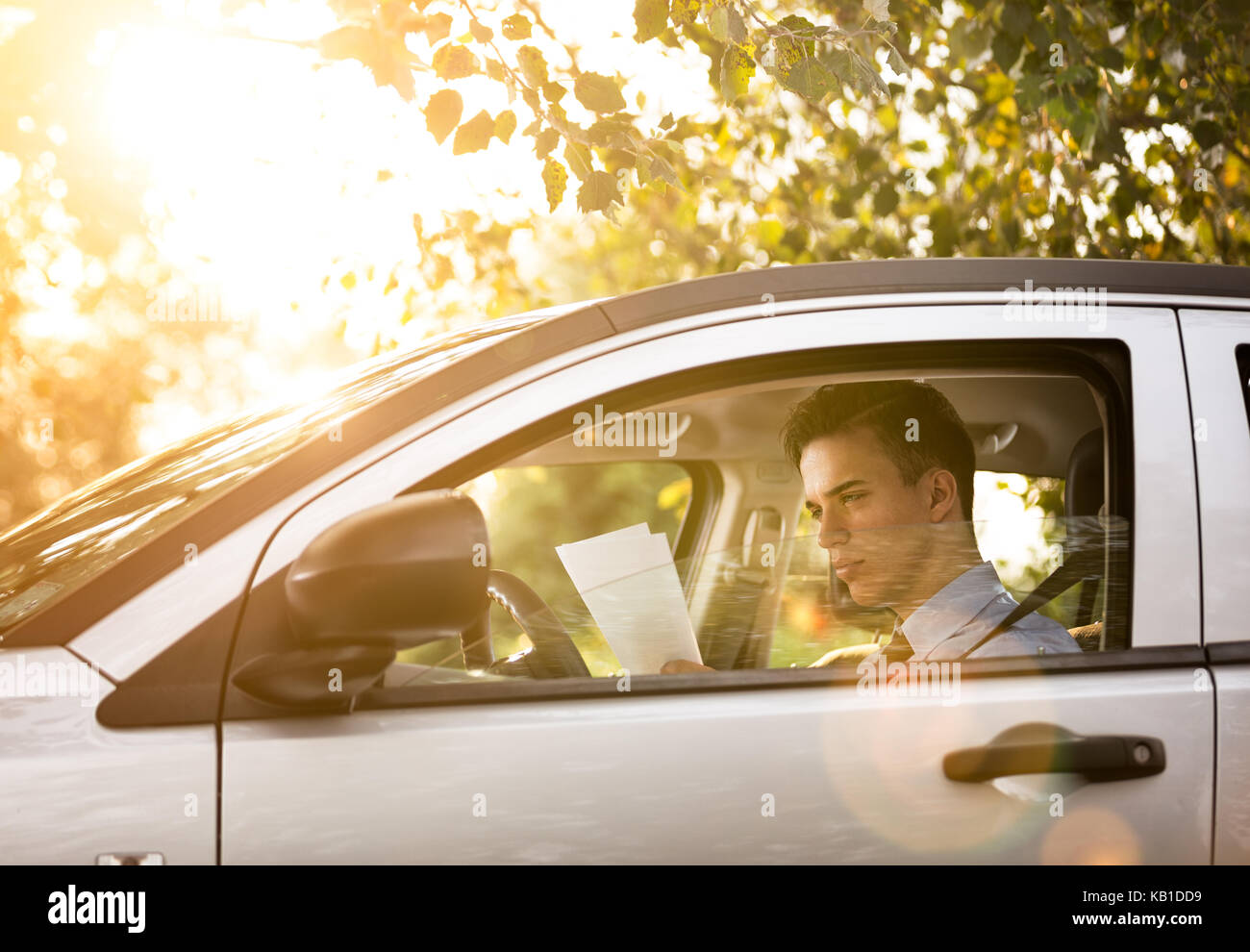 Successful businessman in the car with paper work Stock Photo - Alamy