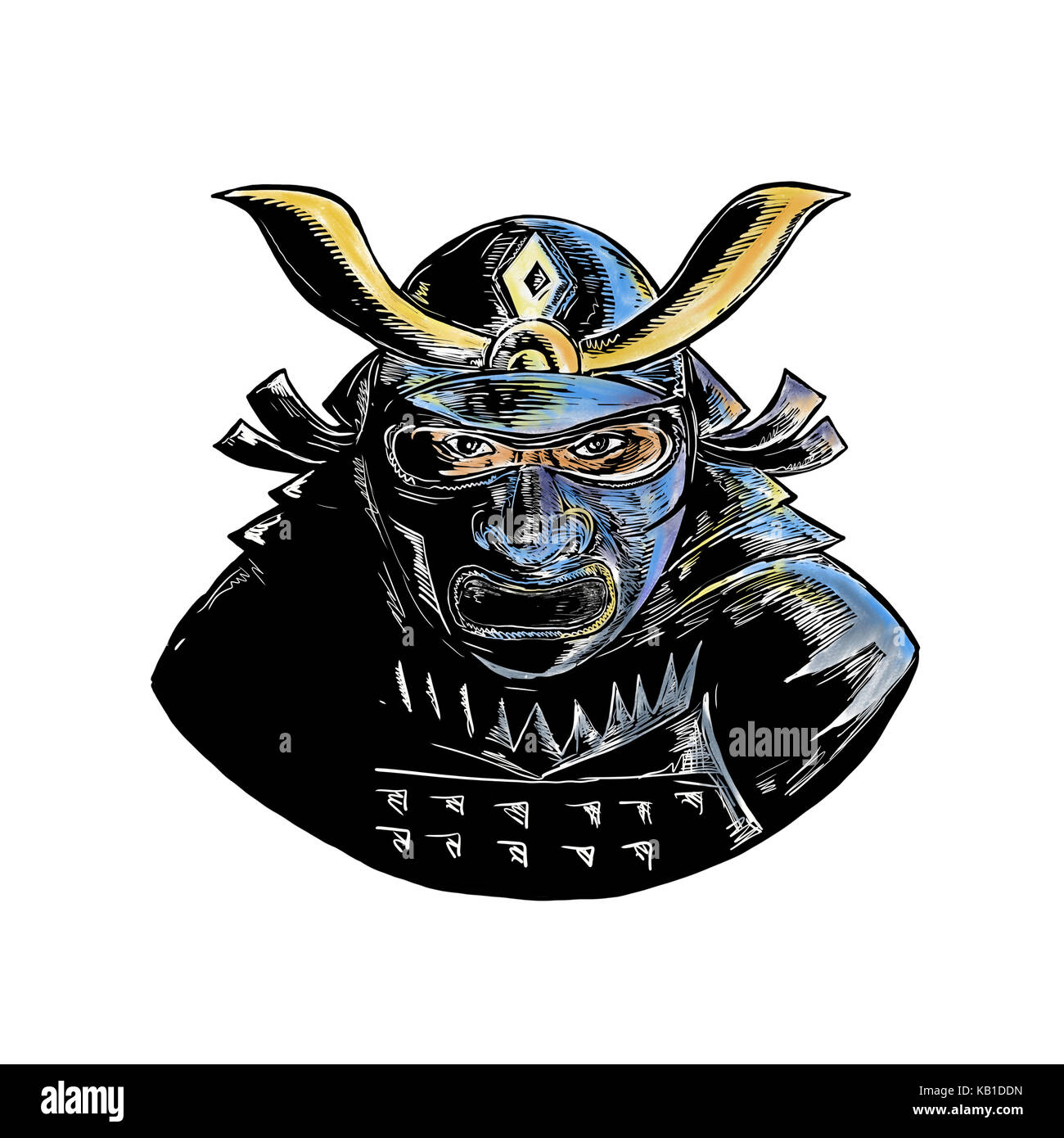 Woodcut style illustration of a samurai warrior wearing facial armor ...