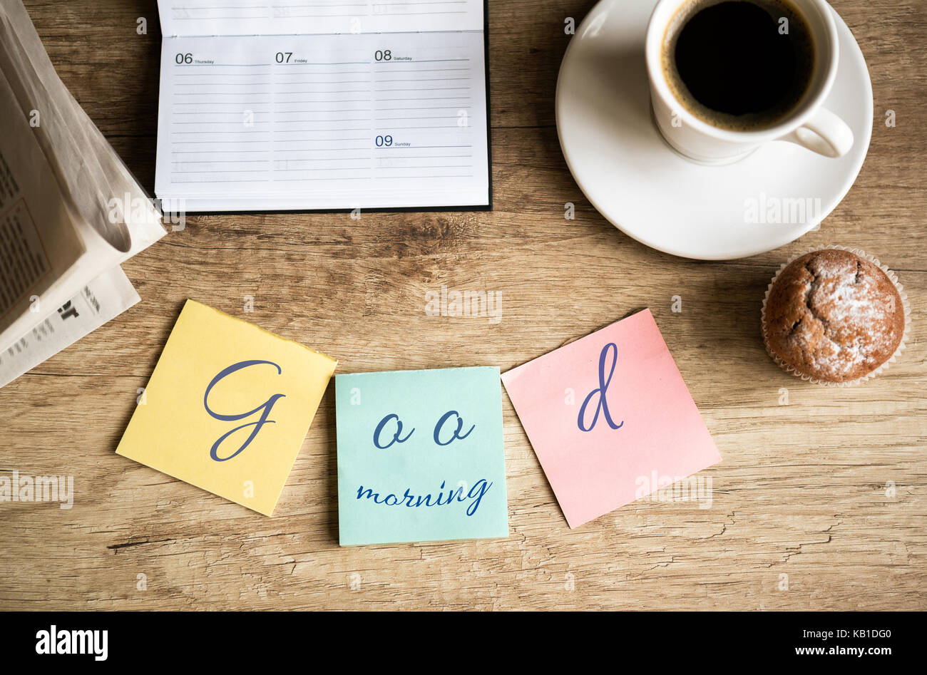 Good morning on work cup of coffee on wooden desk Stock Photo - Alamy