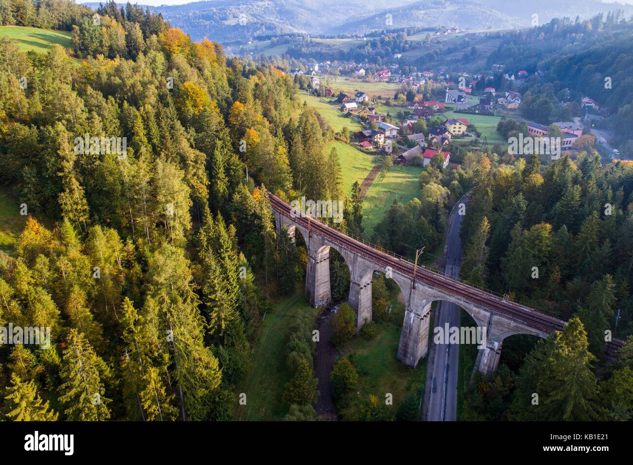 Aerial view of railway viaduct. Wisla, Silesian Beskid, Poland Stock ...