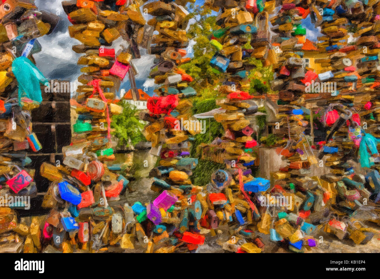 Bunch of colored padlocks left by lovers on the metal railing on the ...