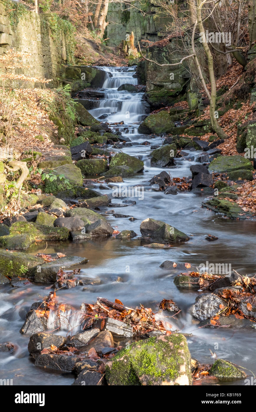 Downhill stream with waterfall through Derbyshire woodland Stock Photo ...