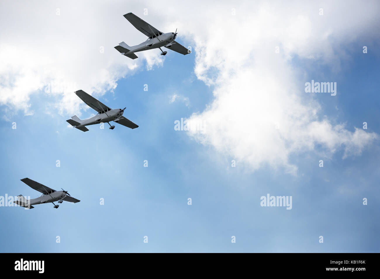 Air show, three airplane flying together over blue sky Stock Photo - Alamy