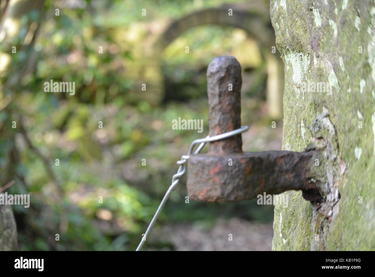 Metal hinge in rock at Lumsdale Matlock Derbyshire Stock Photo - Alamy