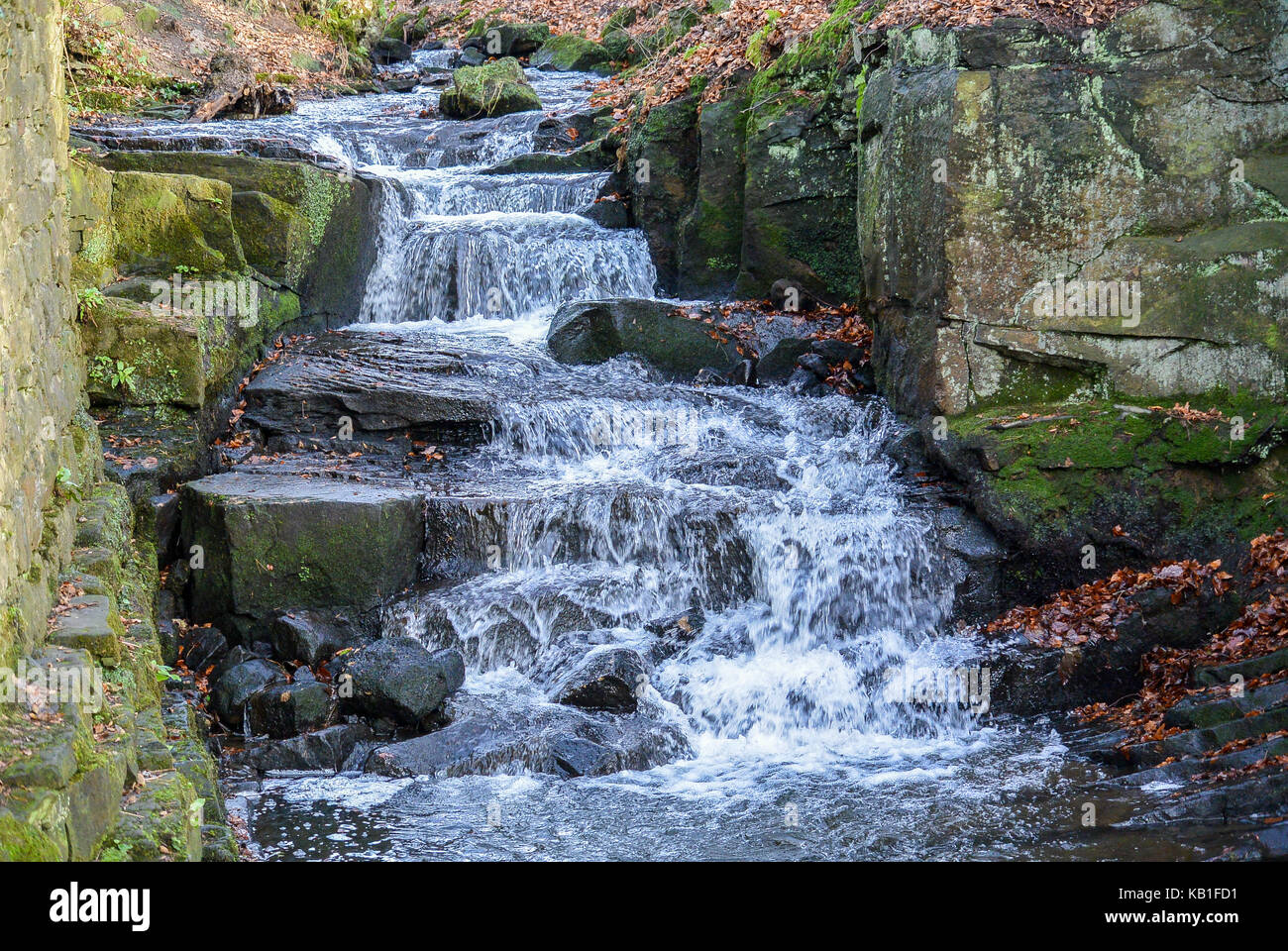 Downhill stream with waterfall through Derbyshire woodland Stock Photo ...